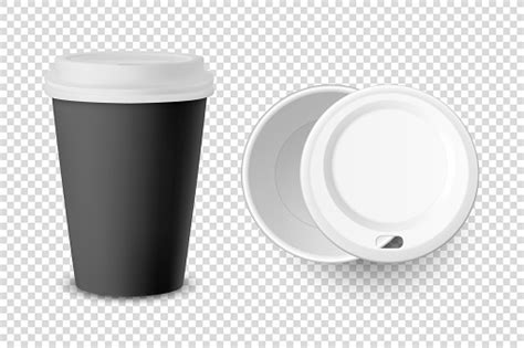 벡터 3d 현실적인 검은 일회용 폐쇄 및 열린 종이 투명 한 배경에 격리 된 흰색 뚜껑 설정 닫힘 음료에 대 한 플라스틱 커피 컵 디자인 템플릿 모형 상단 및 전면 뷰 3