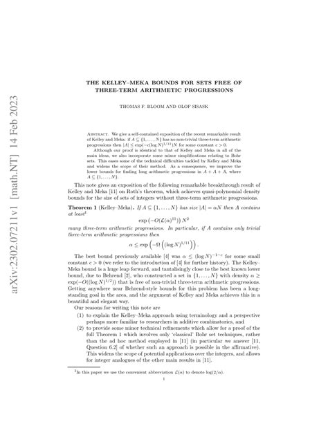 Pdf The Kelley Meka Bounds For Sets Free Of Three Term Arithmetic