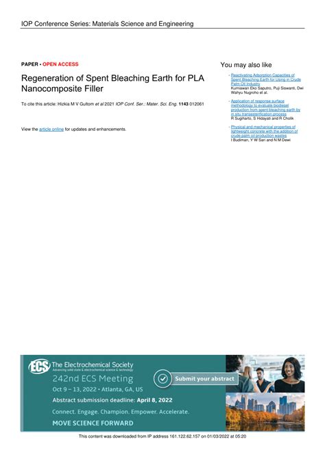 (PDF) Regeneration of Spent Bleaching Earth for PLA Nanocomposite Filler You may also like ...