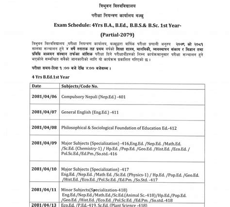 Tu 4yrs Ba Bed Bbs And Bsc 1st Year Partial Exam Routine
