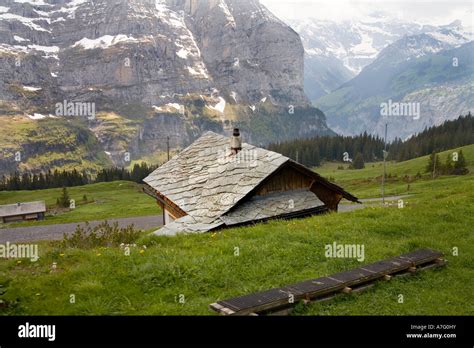 Swiss Chalet In Alps Above Interlaken Switzerland Shows Split Slate