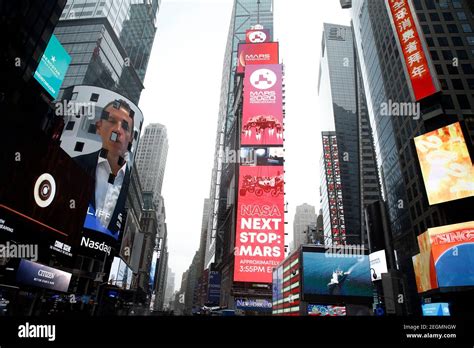 Jumbotron In Times Square Displays The Announcement Of The Landing Of