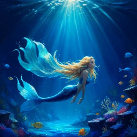 A Young Mermaid With Long Blonde Hair Swimming Underwater In A Vibrant