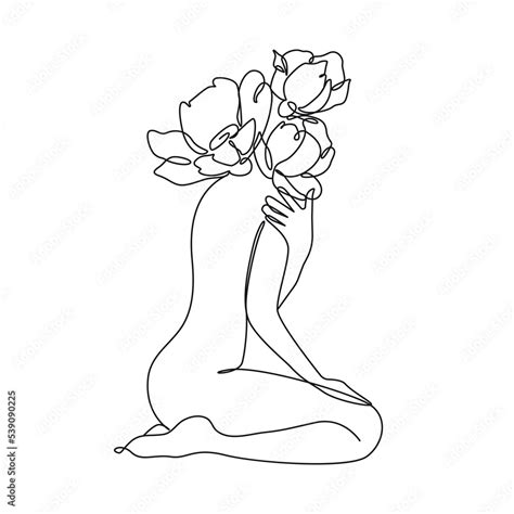 Woman Body With Flowers Line Art Drawing Abstract Minimal Female