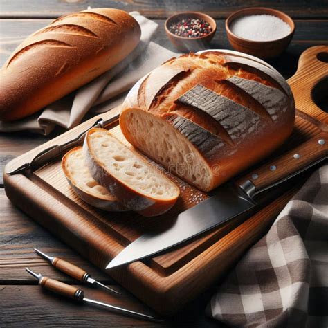 Artisanal Bread On Wooden Cutting Board With Knife Wheat Flour