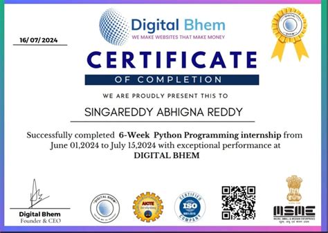 Completed Python Programming Internship With Digital Bhem Abhigna