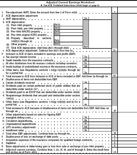 Instructions For Form 4626 Lines 6 Through 14 Ace Worksheet Instructions
