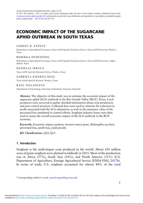 Pdf Economic Impact Of The Sugarcane Aphid Outbreak In South Texas