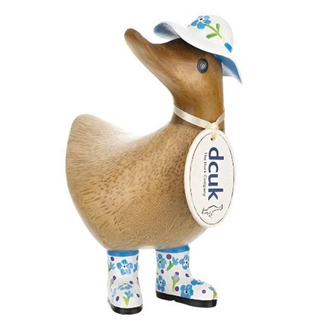Wooden Ducky With Floral Hat And Welly Boots Blue And White Duck Barn