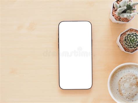 Top View Flat Lay With Copy Space Smartphone Mockup Screen On Light Wooden Office Table Stock