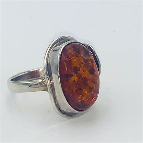 Art Nouveau Design Sterling Silver Ring Set With Large Amber Cabochon