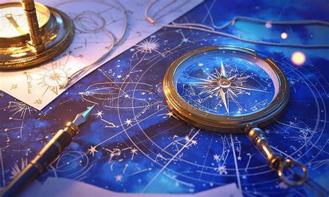 A Compass Is On A Blue Background With Stars And A Pen The Compass Is