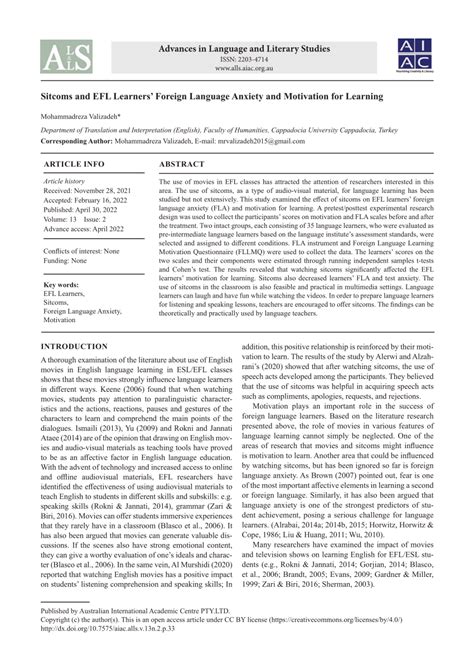 Pdf Sitcoms And Efl Learners Foreign Language Anxiety And Motivation For Learning
