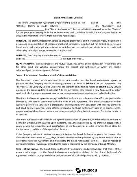 Free Printable Brand Ambassador Contract Templates [pdf Word] Sample