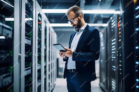 Premium Ai Image Technician Analyzing Data On Tablet While Standing Next To Server Racks In A