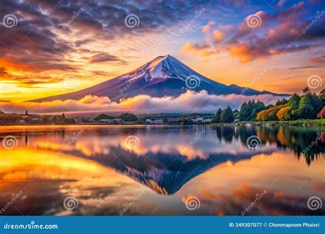 Ink Painting Of Mount Fuji With Mist And Big Red Sun Symbol Of Japan
