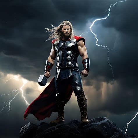 Premium Photo A Dramatic Scene Showing Thor In A Powerful Stance Generated By Ai