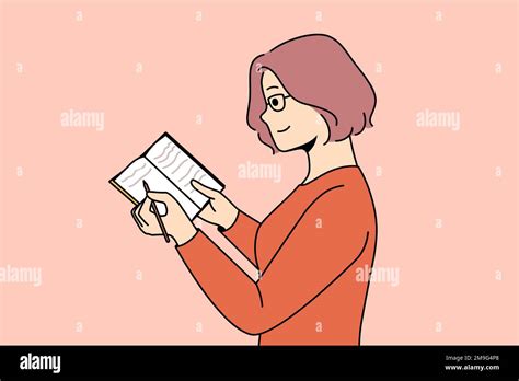 Smiling Young Woman In Glasses Take Notes In Notebook Happy Female