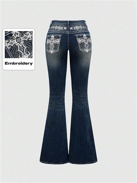 Our Grunge Punk Y2k Retro Poket Cross Embroidered Flare Leg Fitted Low