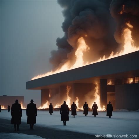 Cultists Burning Brutalist Architecture In Icy Landscape Stable