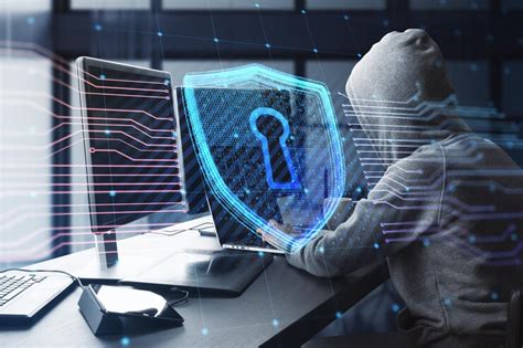 Premium Photo Side View Of Hacker At Desktop Using Computers With Creative Glowing Shield