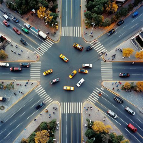 An Aerial View Of A Busy City Intersection With Cars And Pedestrians