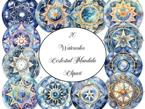Watercolor Celestial Mandala Clipart Set Printable Art Whimsical Art