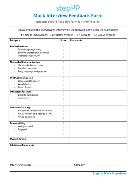 2019 Step Up Mock Interview Feedback Form 1 Pdf