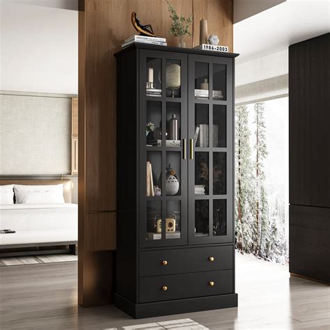 Winston Porter Display Cabinet With Tempered Glass Door And 2 Drawers