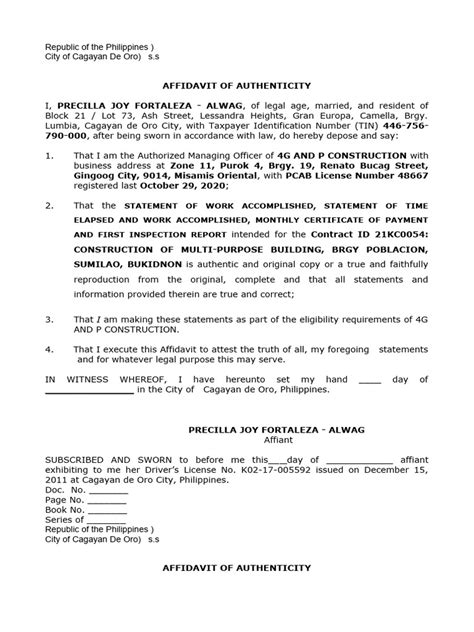 Affidavit Of Authenticity Pdf Affidavit Taxes