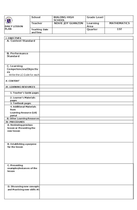 Math Template Math Daily Lesson Plan School Bialong High School