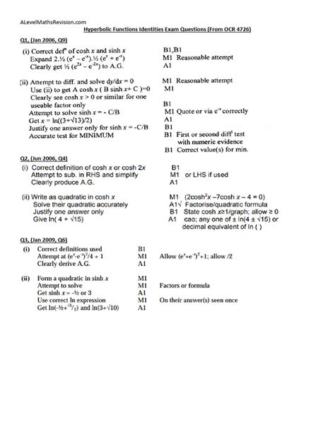 Y2 Pure Hyperbolic Functions Identities And Equations Exam Questions Ms Pdf