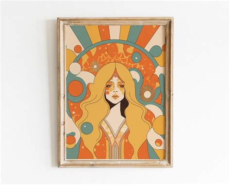 70s Hippie Girl Retro Colorful Flower Wall Art Stretched Canvas