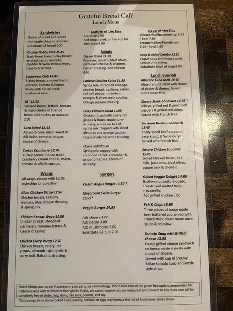 Menu At Grateful Bread Restaurant Bigfork Montana Hwy 35