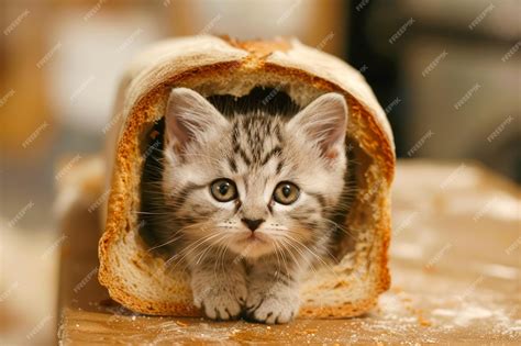 Adorable Tabby Kitten Peeking Out From Inside A Bread Loaf On A Wooden