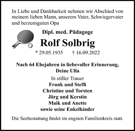 Traueranzeigen Von Rolf Solbrig Trauer Anzeigen De