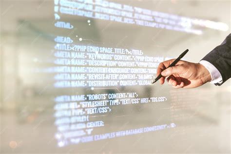 Premium Photo Double Exposure Of Male Hand With Pen Working With Abstract Programming Language