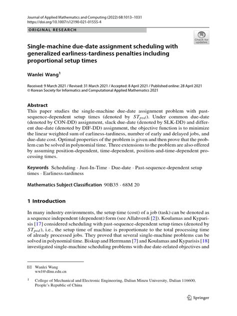 Wang 2022 Single Machine Due Date Assignment Scheduling With Pdf