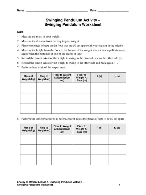 Fillable Online Swinging Pendulum High School Worksheet Fax Email Print