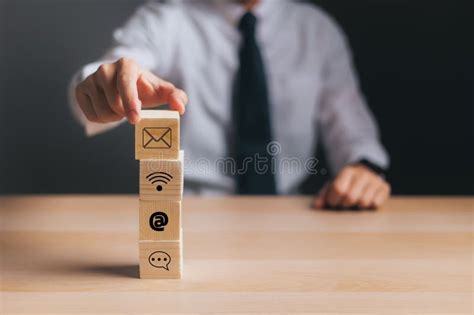 Businessman Hand Putting Wooden Block Cube With Icon Marketing Concept Stock Image Image Of