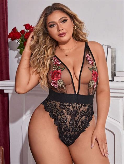 Plus Floral Lace Embroidery Teddy Bodysuit Shein Usa