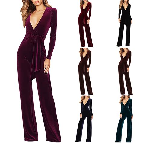 Safuny Womens Slim Elegant Velvet Jumpsuits Wide Leg Pants Teen Long