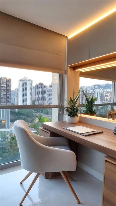 Cozy Home Workspace With Wooden Desk And City View In A Tranquil Corner