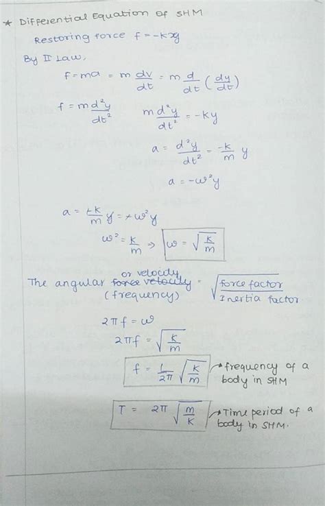 Differential Equation Of Shm Restoring Force F−kxy By Ii Law Fmamdt