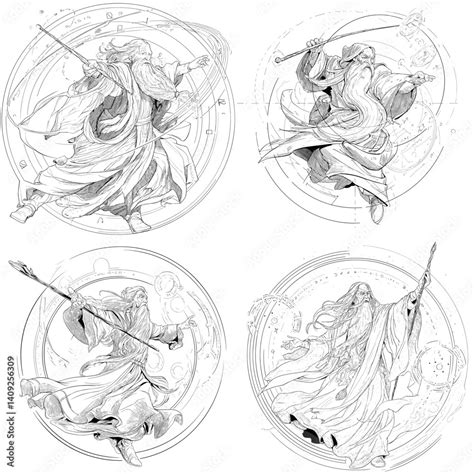 Epic Black And White Wizard Illustrations In Action Poses With Staffs