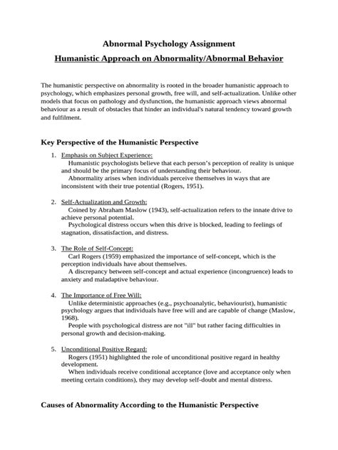 Abnormal Psychology Assignment Humanistic Perspective Pdf