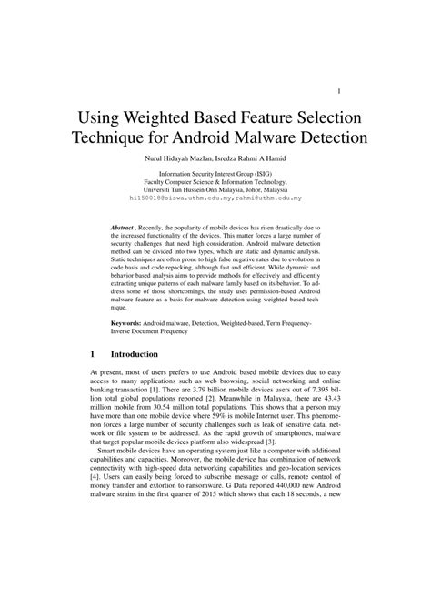 Pdf Using Weighted Based Feature Selection Technique For Android