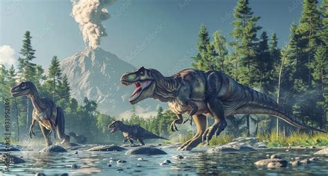 Realistic Depiction Of Dinosaurs In A Prehistoric Landscape With