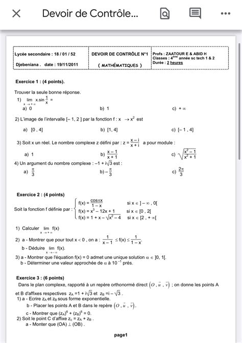 Exemple 1 Devoir De Contrôle N°1 Math Bac Technique Avec Correction