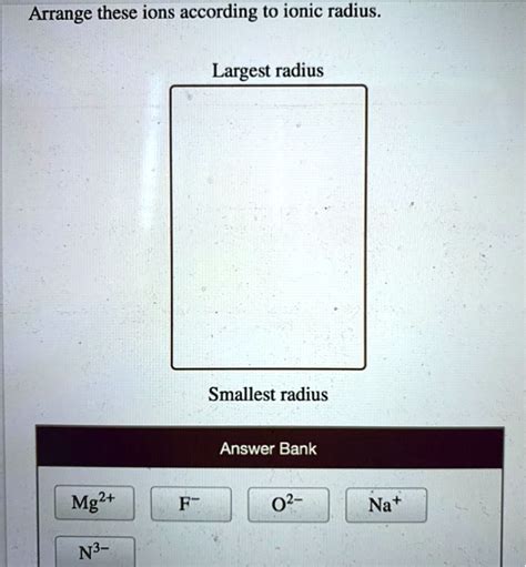 solved arrange these ions according to ionic radius largest radius smallest radius answer bank
